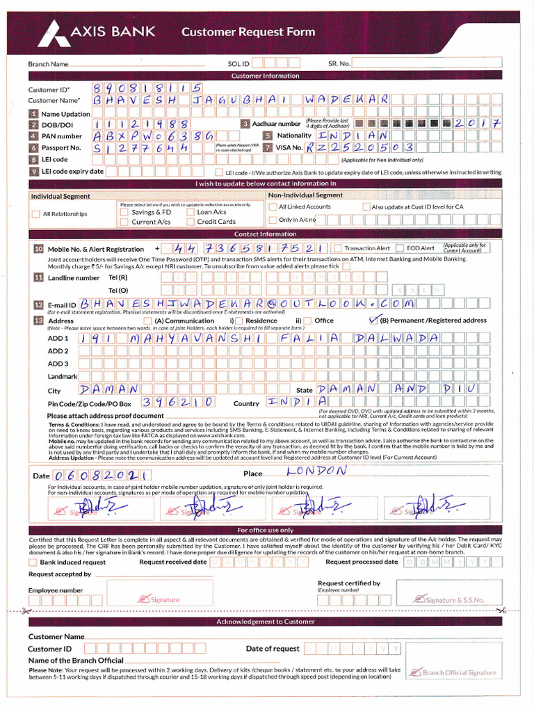Customer Request Form BhaveshWadekar | PDF | Financial Services | Banking