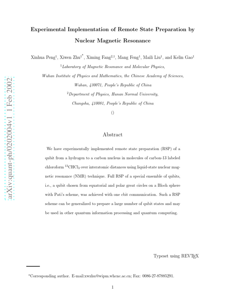Experimental Implementation of Remote State Preparation by Nuclear Magnetic Resonance | Download ...