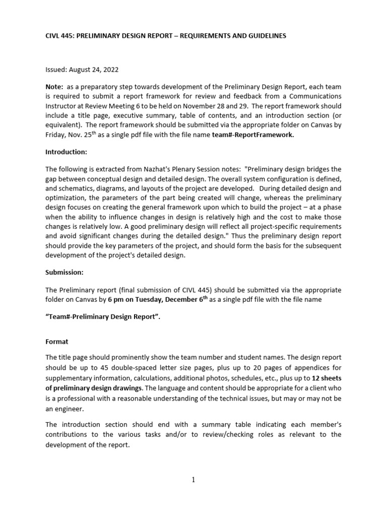 Civl445-Preliminary Design Report - Requirements and Guidelines | PDF ...