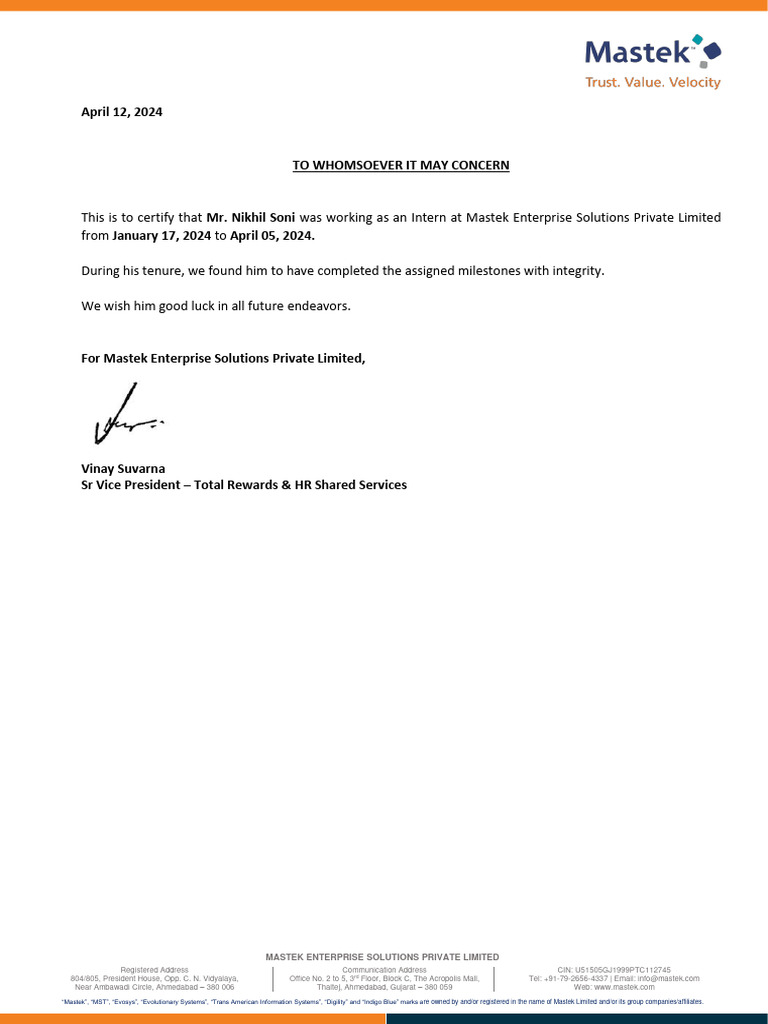 Mastek Internship Certificate for Nikhil Soni | PDF | Business