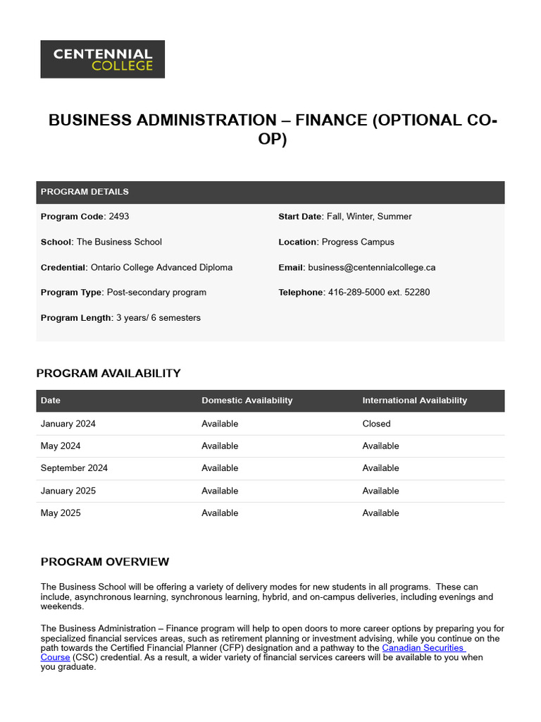 Business Administration - Finance (Optional Co Op) - Centennial College ...