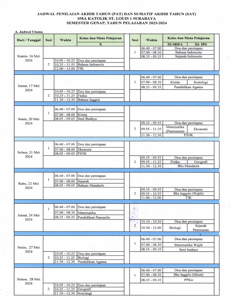 Jadwal PAT Kelas XI Dan SAT Kelas X | PDF