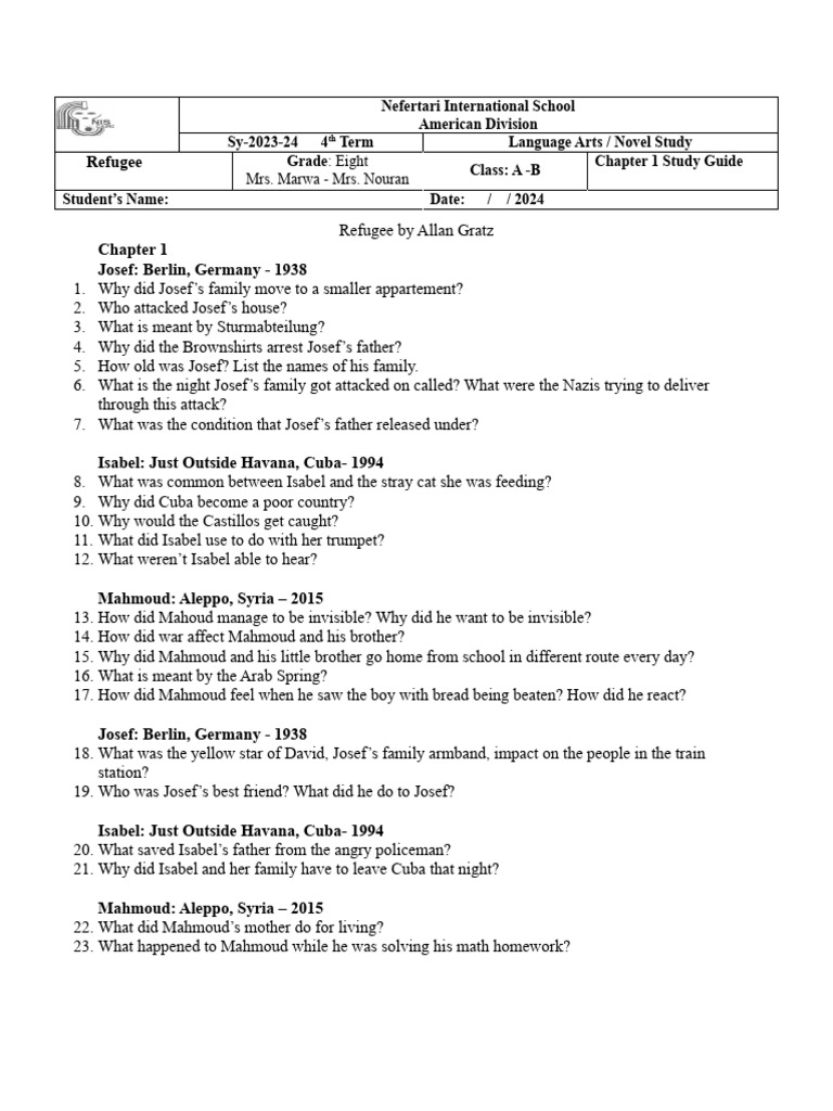 Refugee Study Guide: Chapters 1-2 | PDF