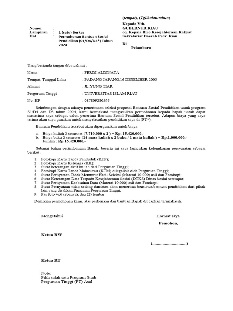 Format Surat Bansos Pendidikan Dan Proposal 2024 | PDF