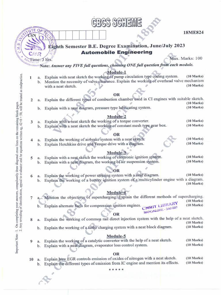 VTU Question Paper of 18ME824 Automobile Engineering June-July-2023 | PDF