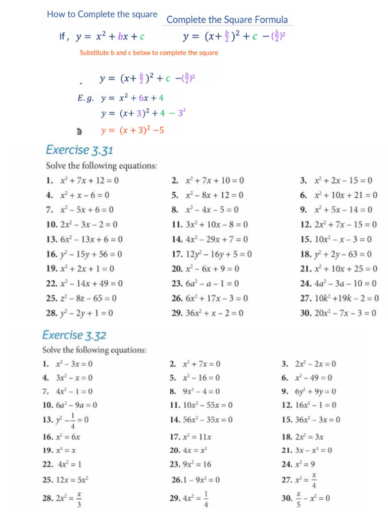 Ahnaf Completing Square Worksheet | PDF