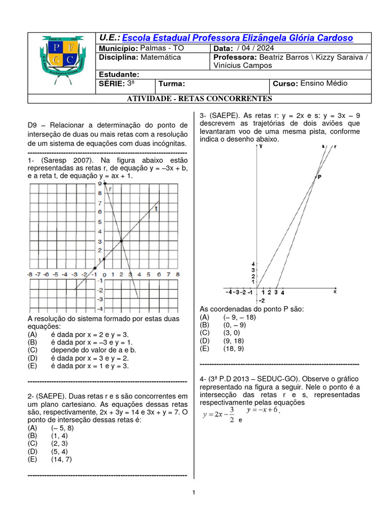 Atividade sobre Retas Concorrentes | PDF | Equações | Linha (Geometria)