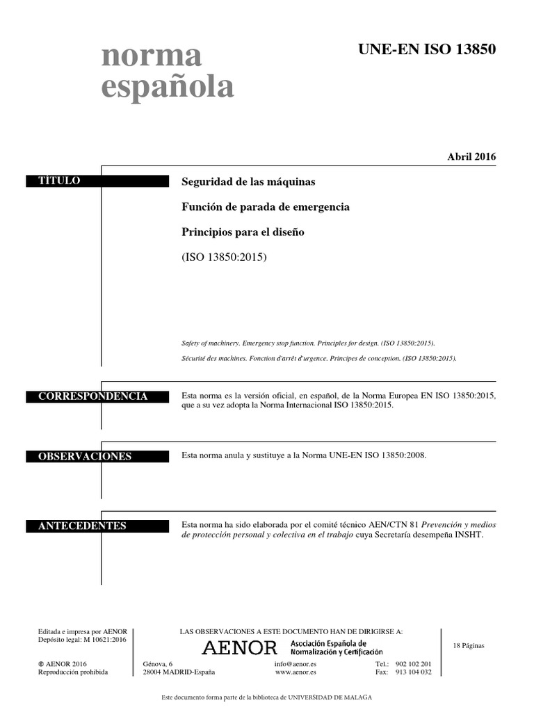 Norma UNE-EN ISO 13850:2015 | PDF | Europa | Estandarización