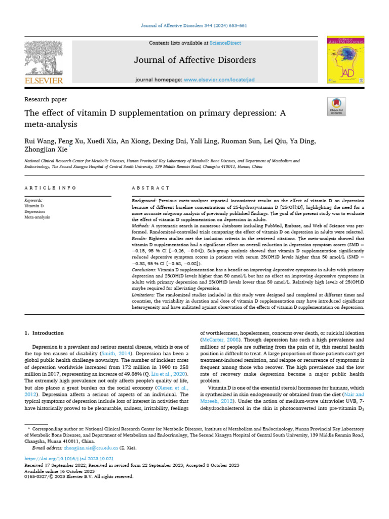 Journal of Affective Disorders | Download Free PDF | Vitamin D | Meta ...