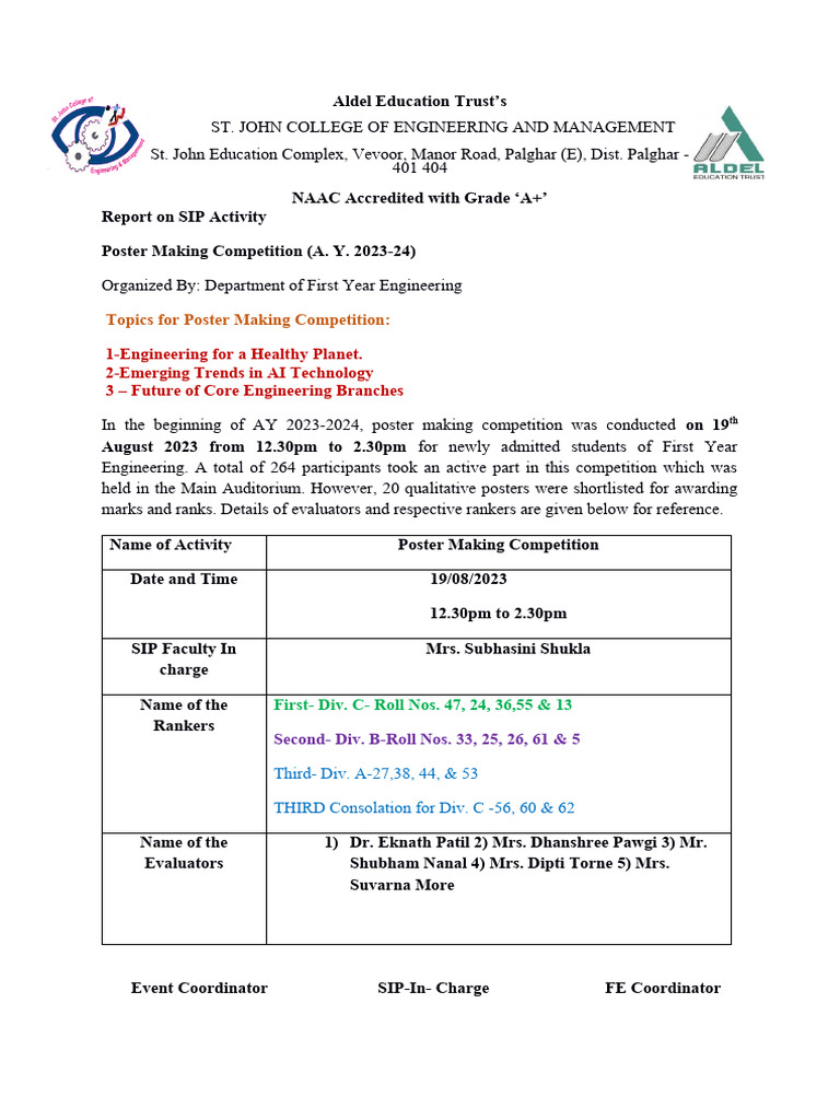 Poster Competition - 2023 - 24 Report With Photos | PDF