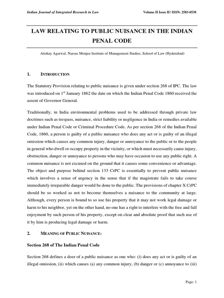 Law Relating To Public Nuisance in The Indian Penal Code | PDF | Nuisance | Public Law