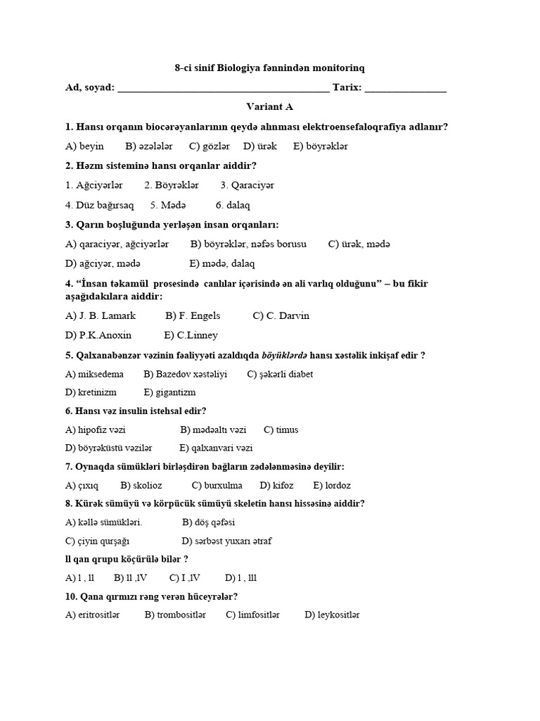 Monitoring 8 Sinif Biologiya | PDF