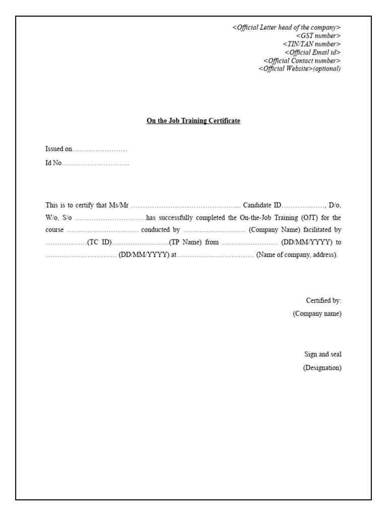 On The Job Training Certificate | PDF