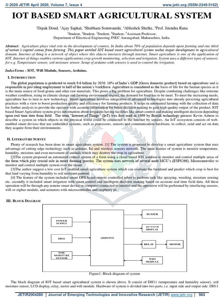 IOT Based Smart Agricultural System | PDF | Internet Of Things | Arduino