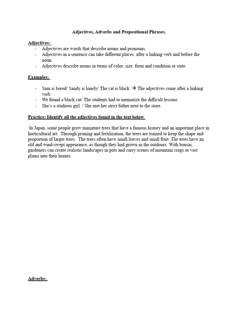 STUDY and PRACTICE MATERIAL 1 Adjectives Adverbs and Prepositional ...