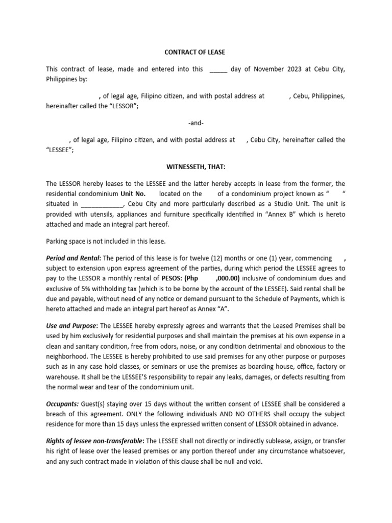 Sample Contract of Lease of A Condominium Unit | PDF | Lease | Common Law