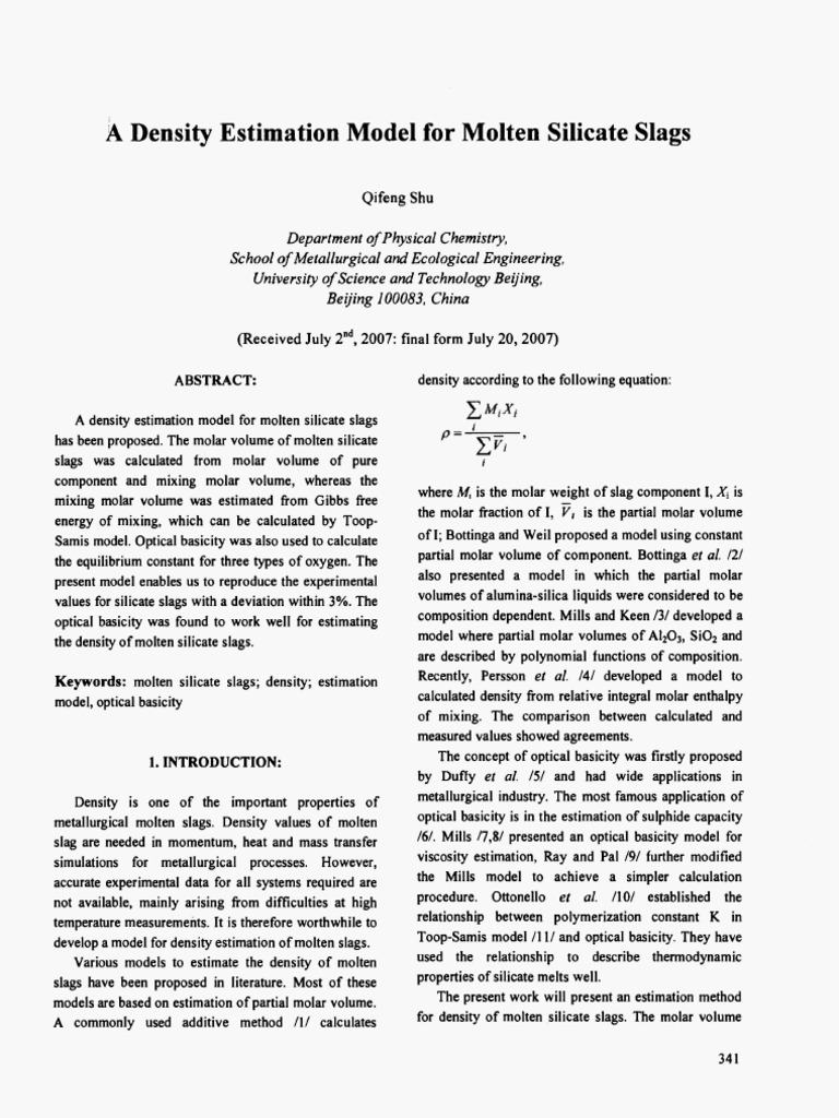 SL - PAP - Q.Shu - 2007 - A Density Estimation Model For Molten Silicate Slags | PDF | Melting ...