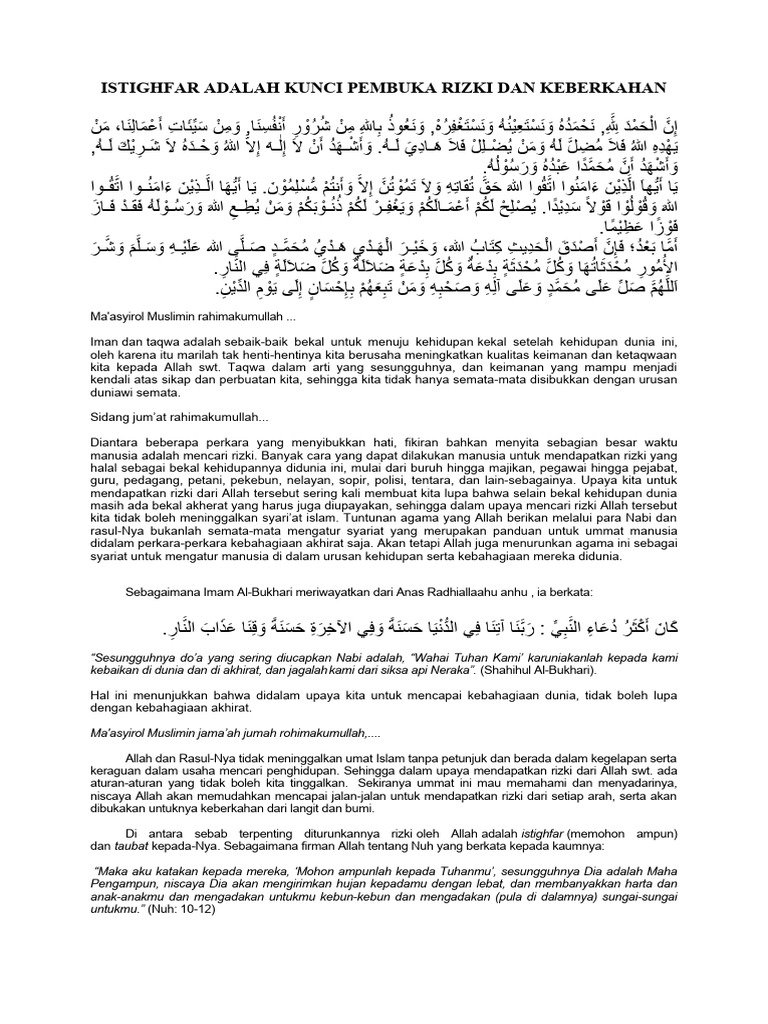 Istighfar Adalah Kunci Pembuka Rizki Dan Keberkahan | PDF | Agama ...