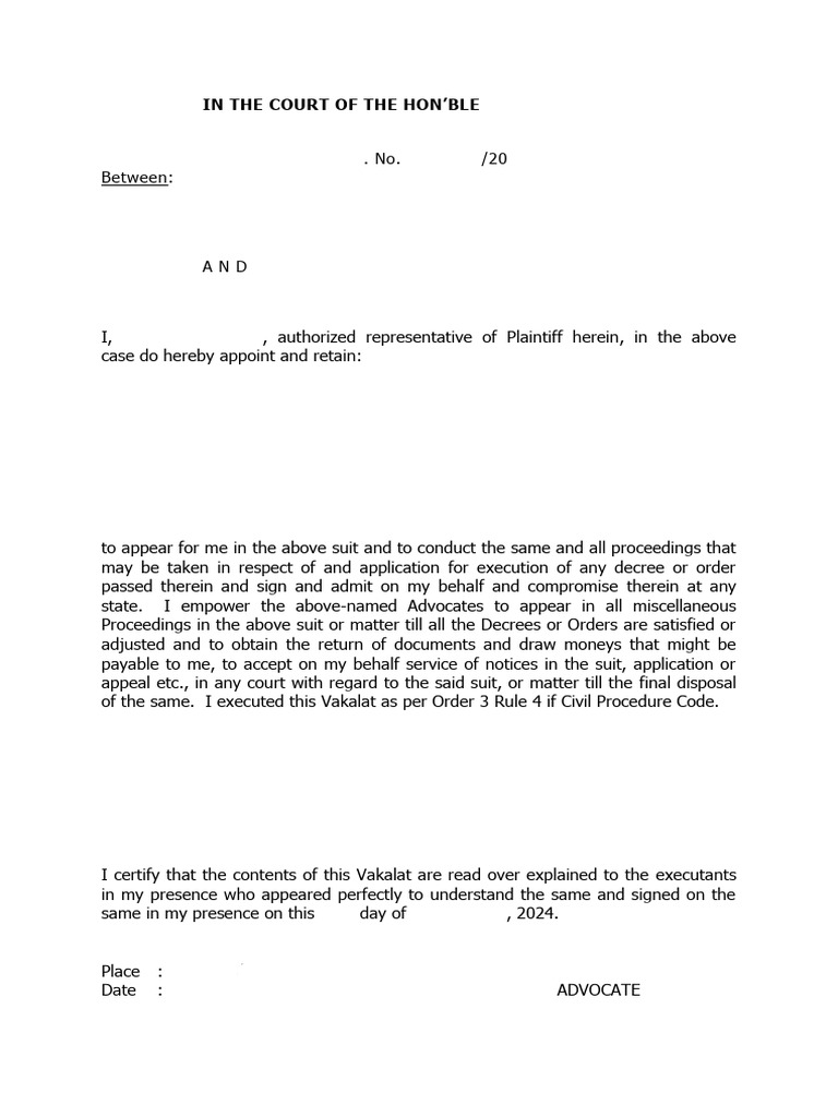 Vakalat Format for Court Representation | PDF | Social Science | Law