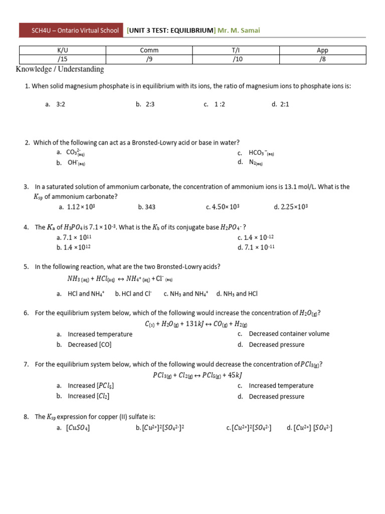 SCH4U Unit 3 Equilibrium Test | PDF | Chemical Equilibrium | Acid