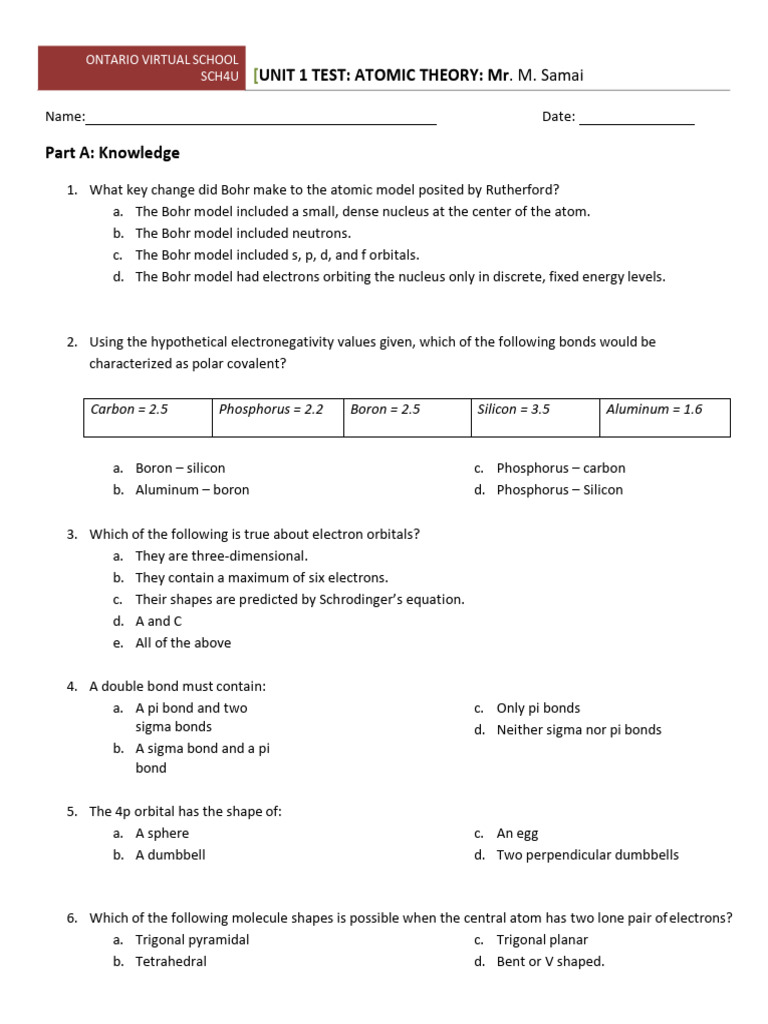 Atomic Theory Unit Test for SCH4U | PDF | Chemical Bond | Covalent Bond