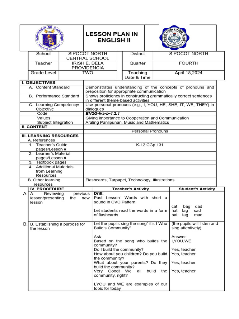 English II Lesson Plan: Personal Pronouns | PDF | Noun | Lesson Plan