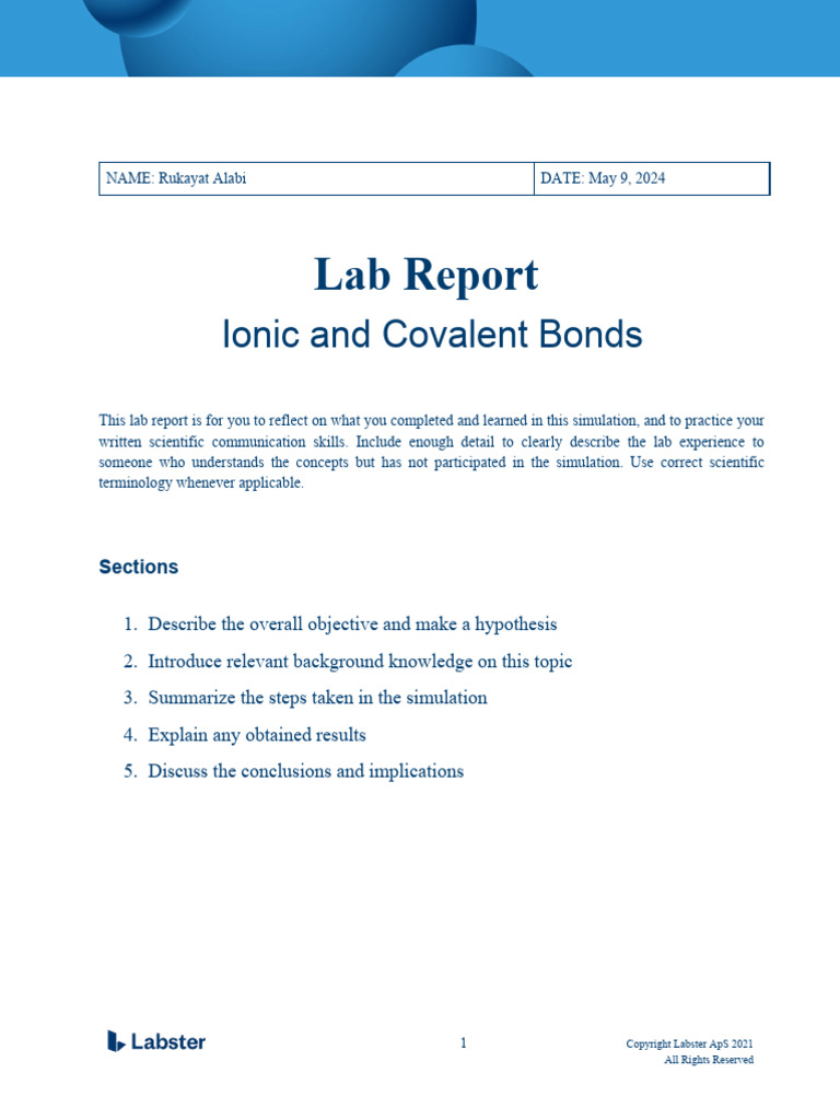 Lab Report - Ionic and Covalent Bonds | PDF | Chemical Bond | Ionic Bonding