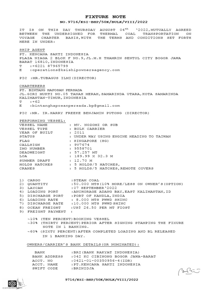 Fixture Note KSI- BHP 50K MT 04082022 Signed | PDF | Cargo | Bill Of Lading