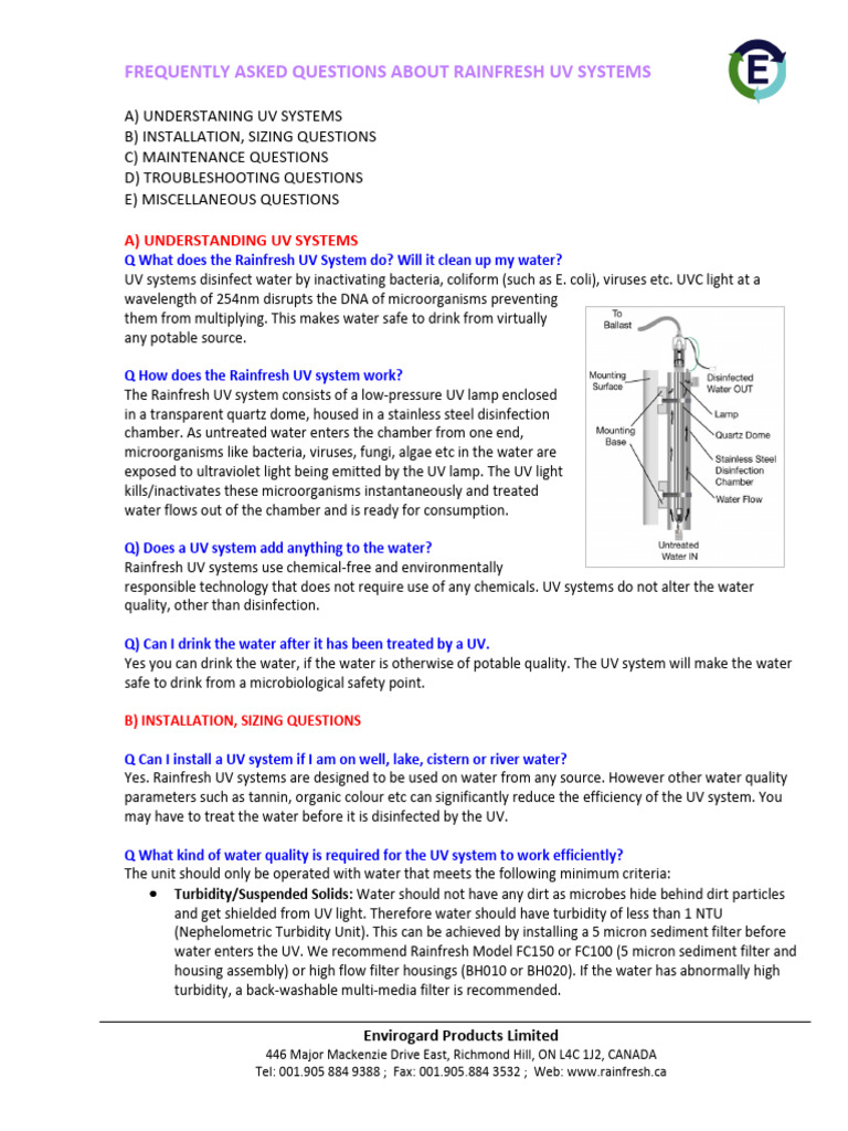 Rainfresh UV System FAQs and Troubleshooting | PDF | Ultraviolet | Water
