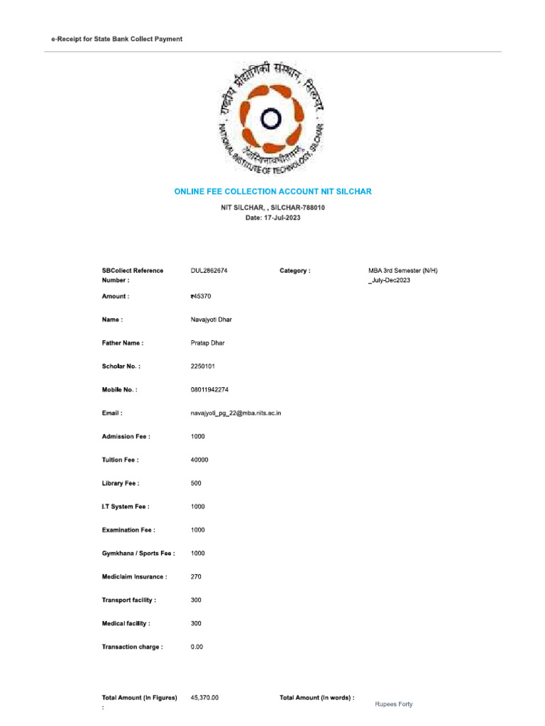 Mba 3rd sem fee receipt | PDF Mba 3rd sem fee receipt | PDF
