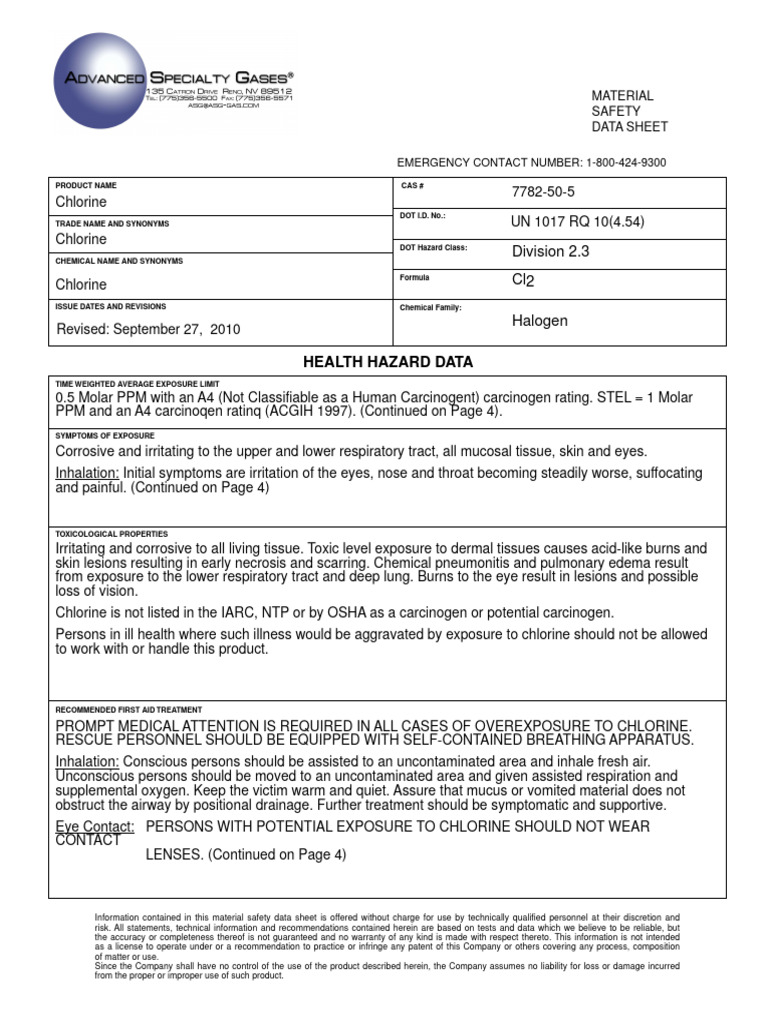 Chlorine MSDS | PDF | Fires | Breathing