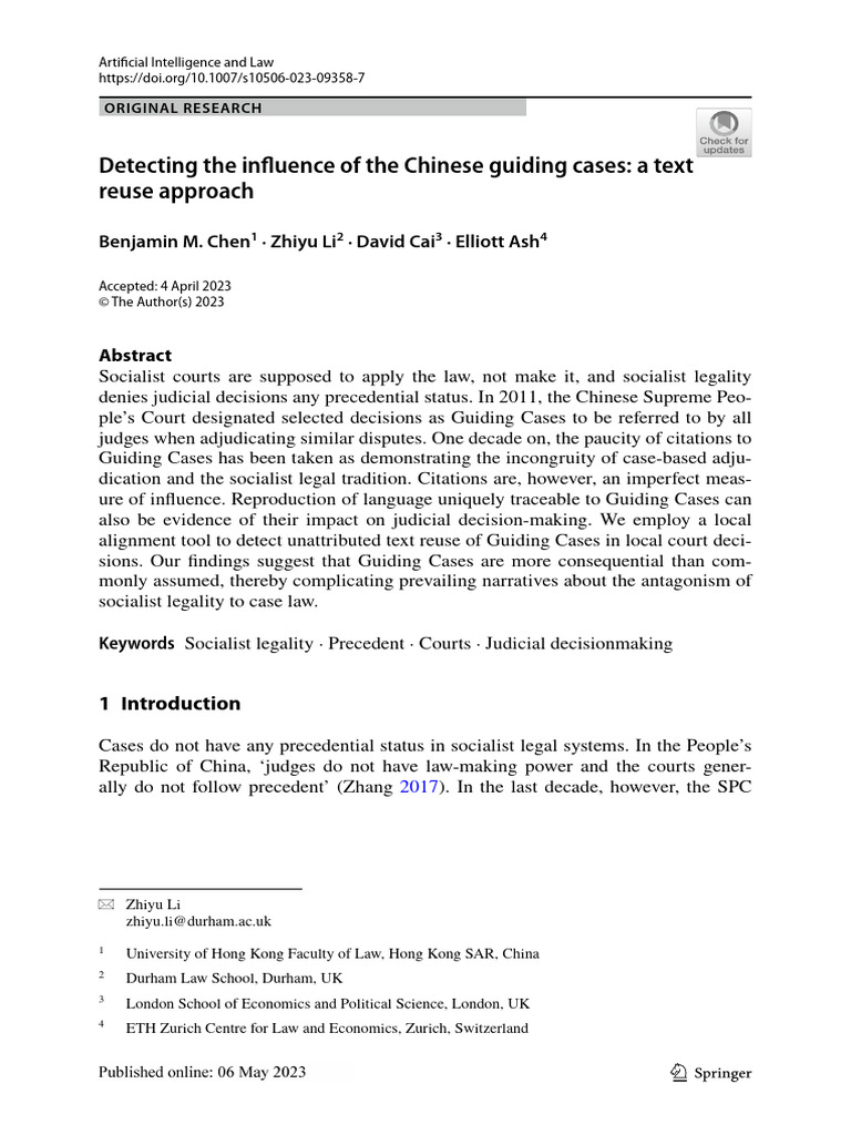 Detecting The Influence of The Chinese Guiding Cases: A Text Reuse Approach | PDF | Tort | Precedent