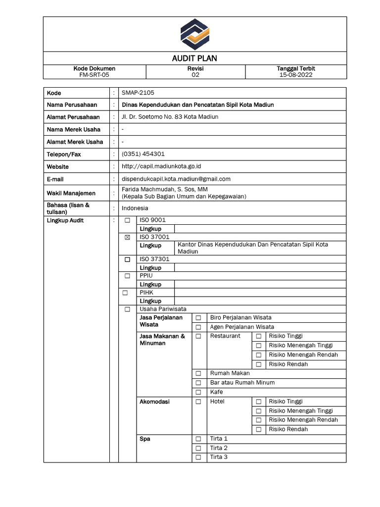 FM-SRT-05 Audit Plan Dispendukcapil Madiun - Surv-1 | PDF