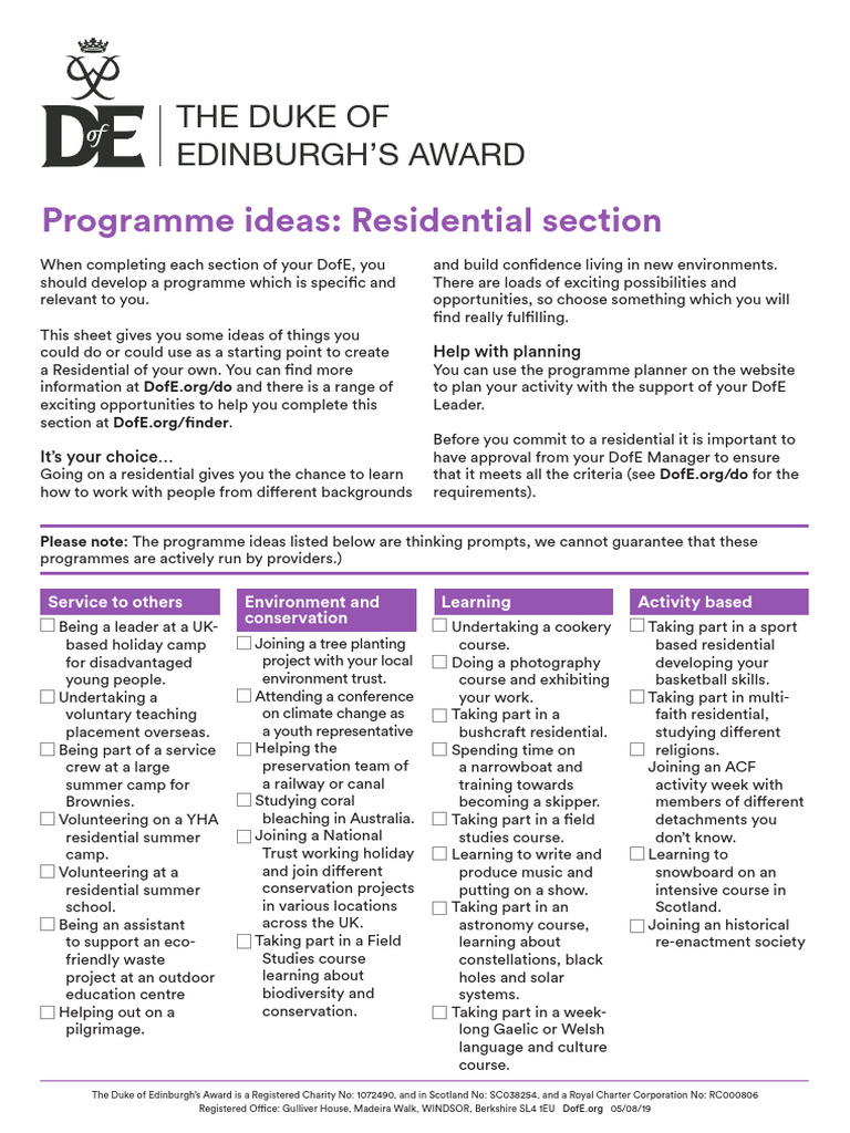 DofE Residential Programme Ideas Guide | PDF | Career & Growth