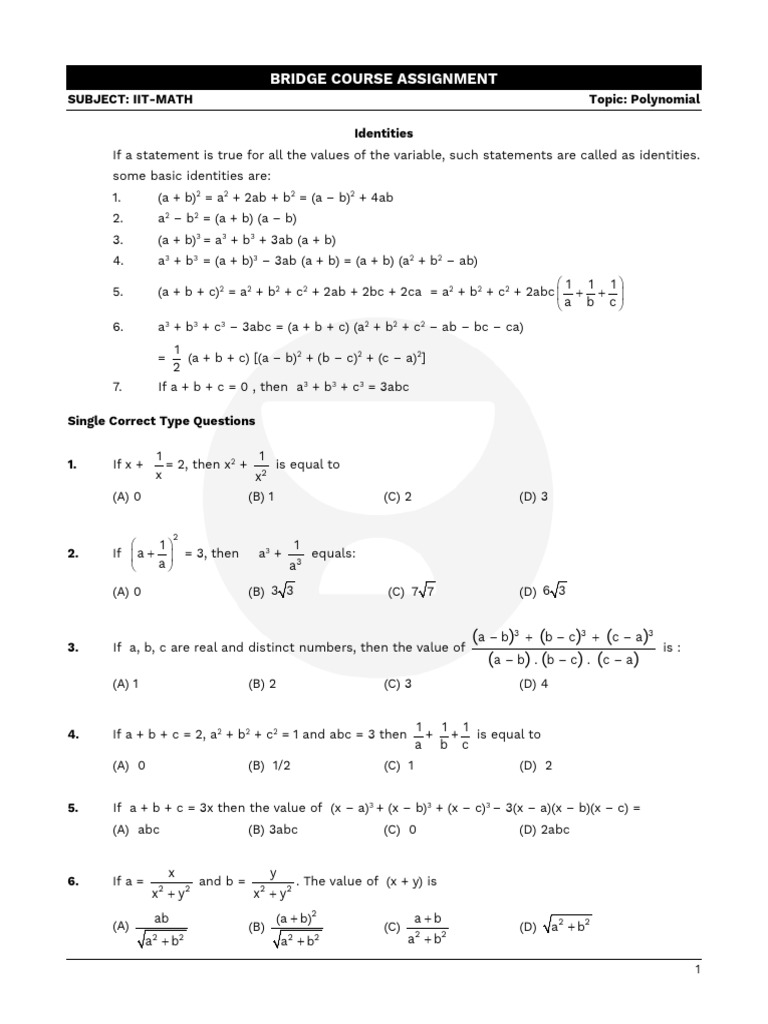 Polynomial Identities and Assignments | PDF | Mathematical Analysis ...