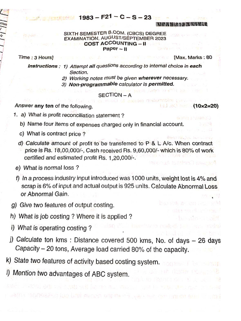 Cost Accounting II QP - 23 | PDF