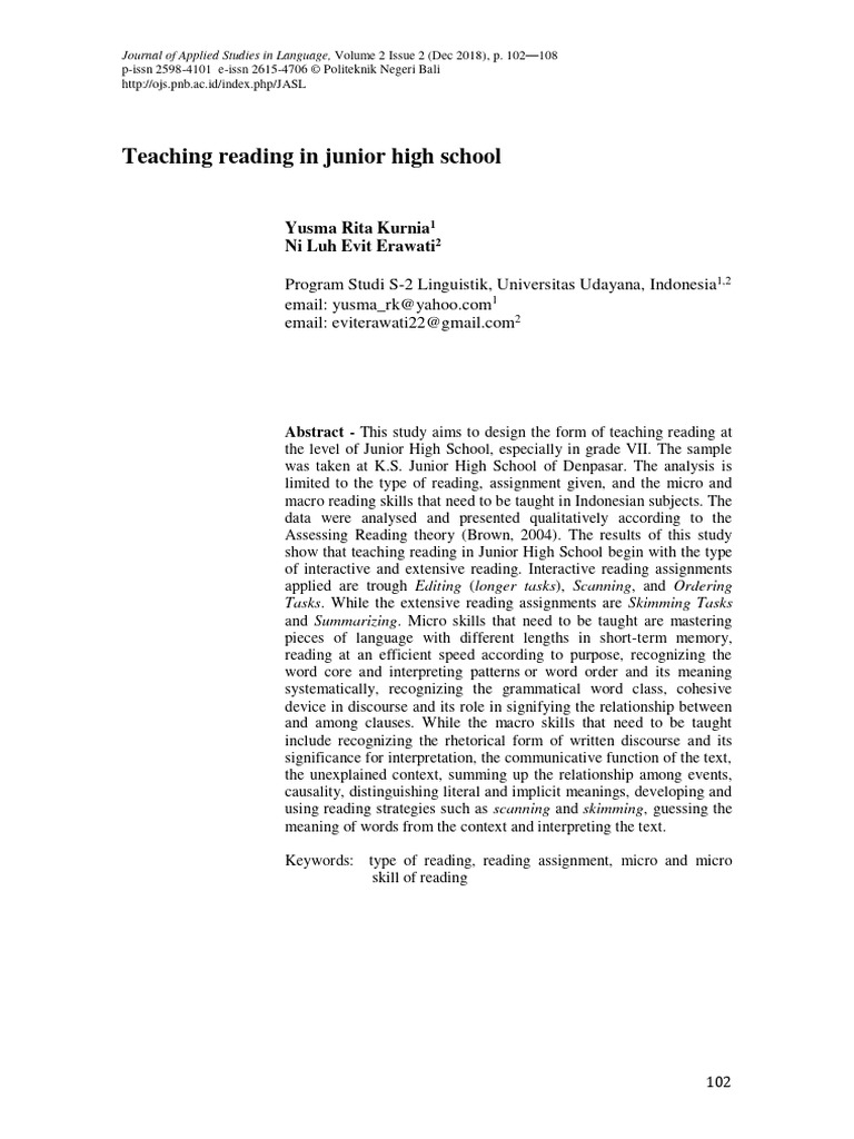 Teaching Reading Skill at Junior High School | PDF | Reading ...