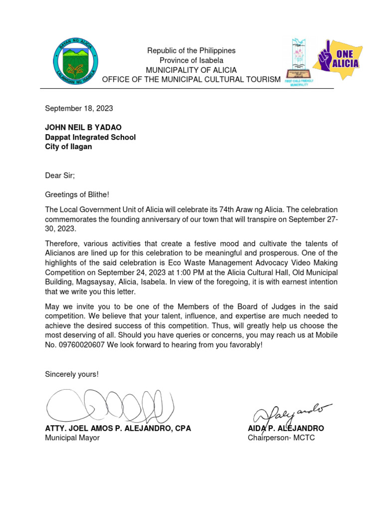 Receiving Letter For Judge in Video Making JOHN NEIL B YADAO | PDF ...