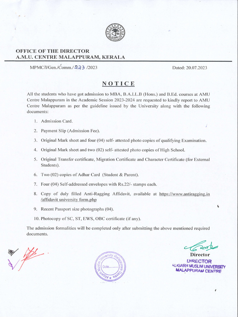 Notice: Office The Director Malappuram, Kerala | PDF