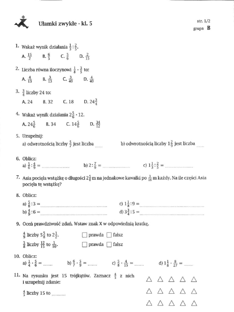 SPR Ułamki Zwykle Gr. B | PDF