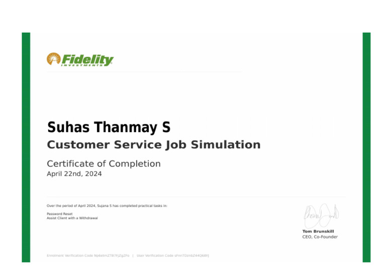Suhas Certificate (FIDELITY) | PDF