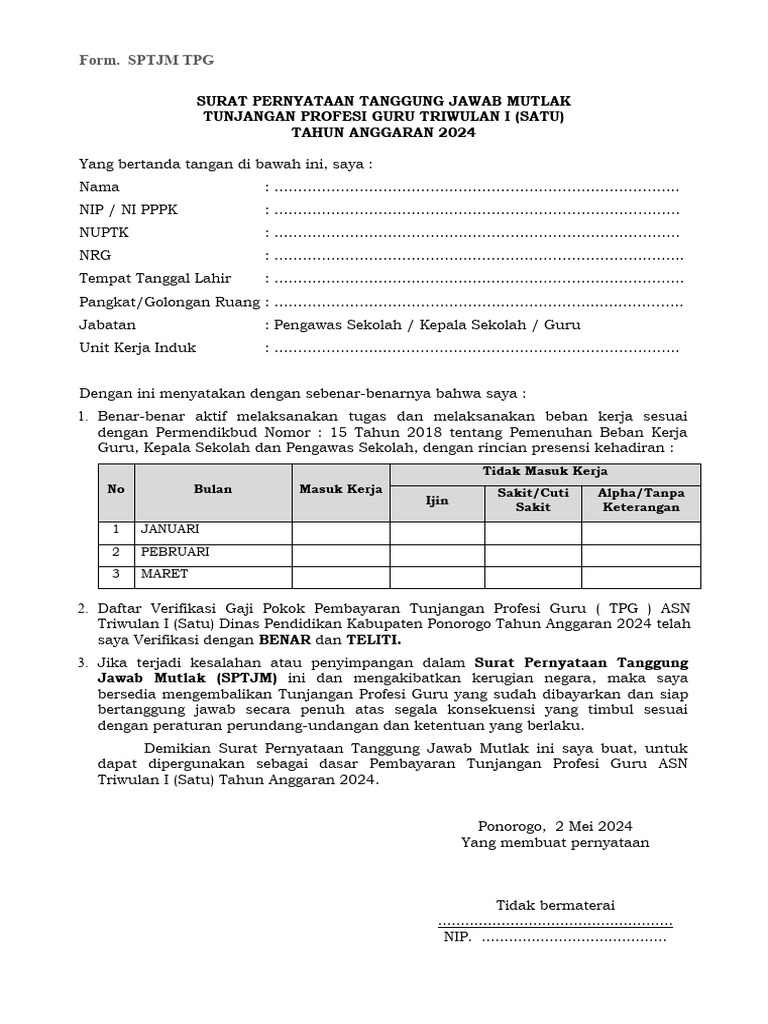 Form SPTJM TPG Triwulan 1 Ta 2024 | PDF