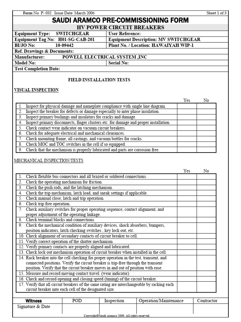 Saudi Aramco Pre-Commissioning Form: HV Power Circuit Breakers | PDF ...