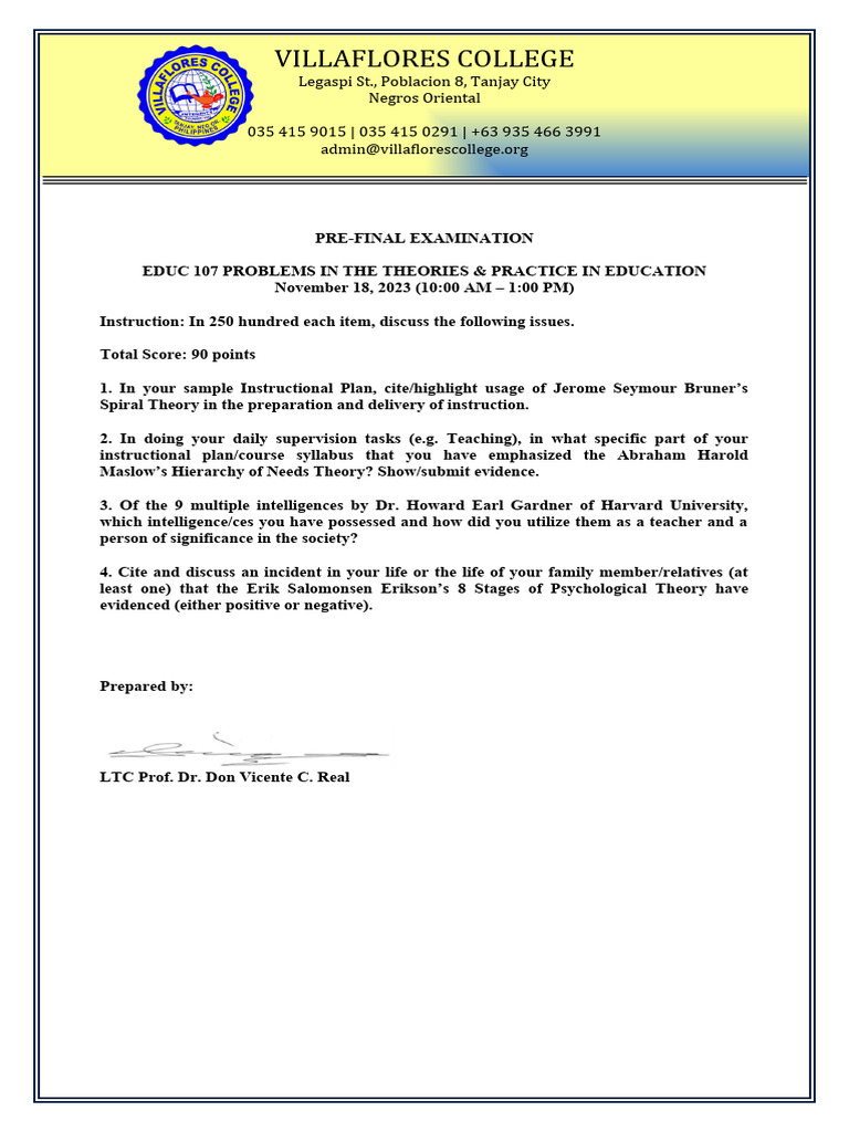 PRE FINAL EXAM IN EDUC 107 Nov. 18 2023 | PDF | Learning | Cognitive Psychology