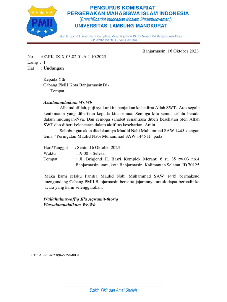 Undangan Maulid PC PMII Banjarmasinn | PDF