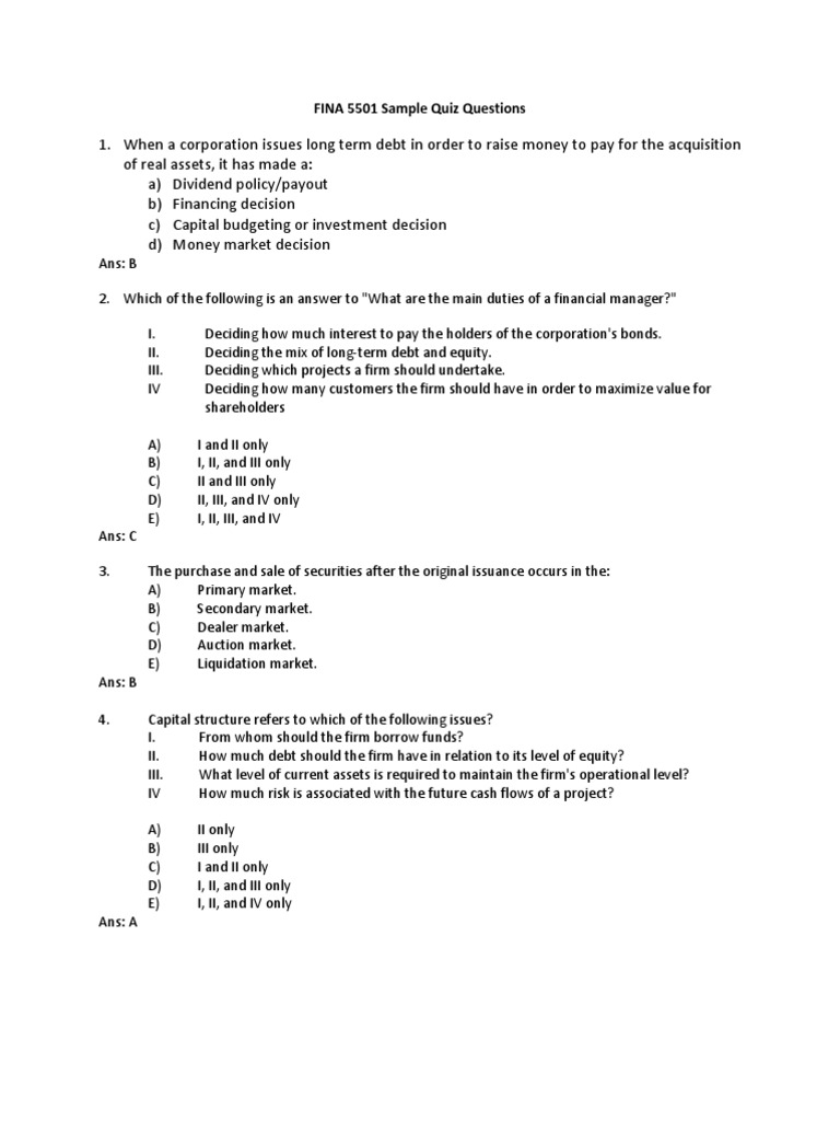 Sample Quiz Questions | PDF | Interest | Debt