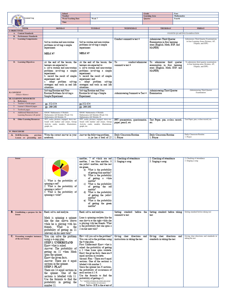MATH 4 Q4 WEEK 7 DLL.v.2 | PDF | Probability | Mathematics