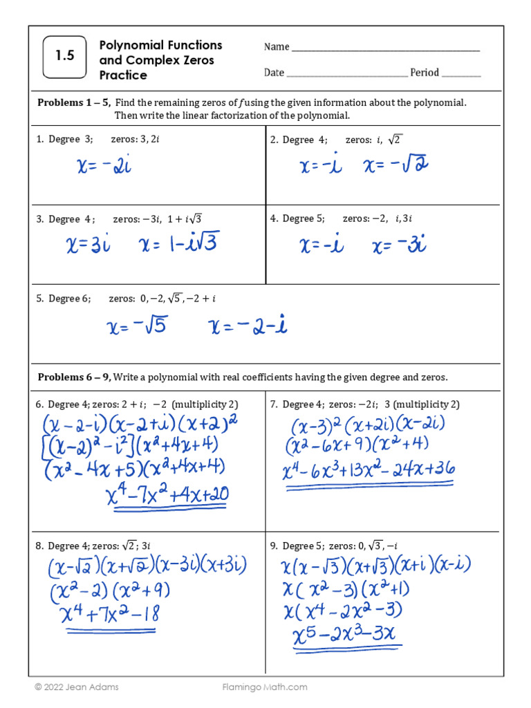 1.5 Practice Key | PDF | Zero Of A Function | Polynomial