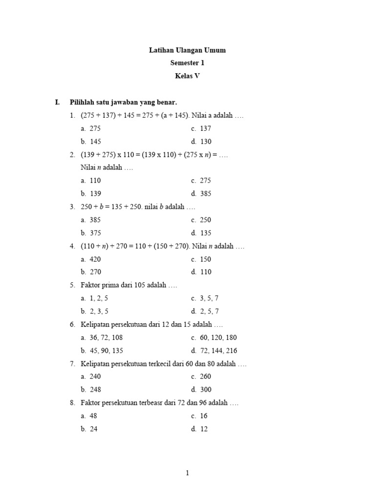 Soal Kelas 5 SD Ulangan Umum Semester I - Matematika | PDF