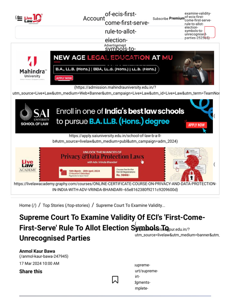 Supreme Court To Examine Validity of ECI's 'First-Come-First-Serve ...
